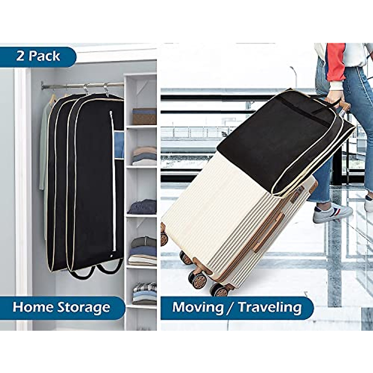 MISSLO 43" Gusseted Suit Bags for Men Travel Hanging Garment Bags Heavy Duty Suit Cover for Women Kids Clothes Shirts Short Dresses Coats, 2 Pack