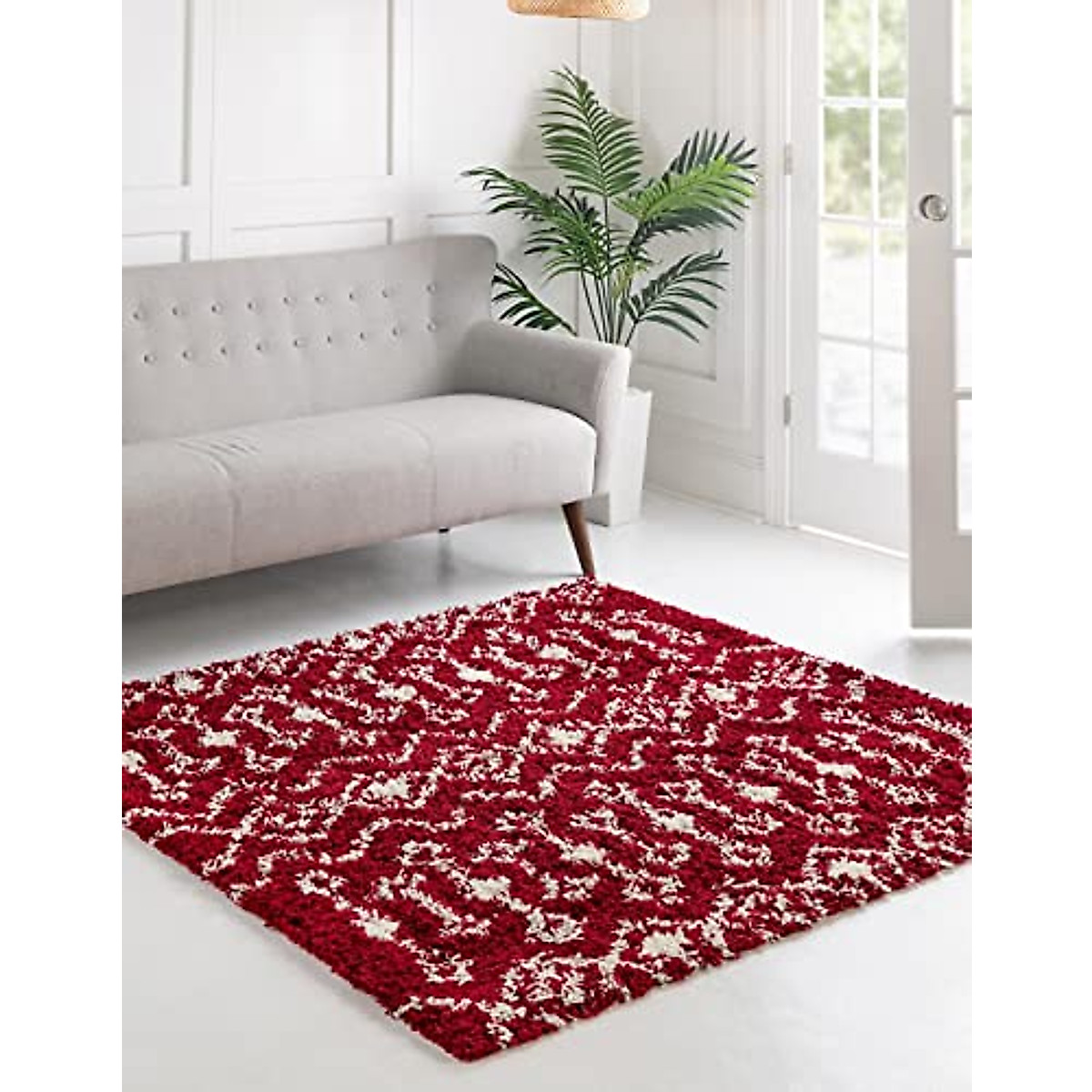 Unique Loom Moroccan Trellis Shag Collection Area Rug - Meknes (10' Square, Burgundy Red/Ivory)