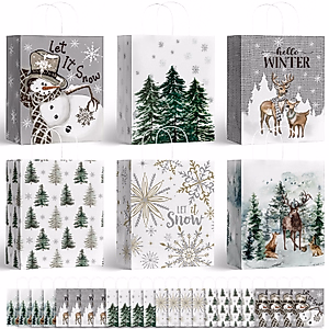 Horaldaily 24 Christmas Gift Paper Bags Bulk with handles Wrapping, Christmas Trees Snow Snowman Deer Holiday Presents(24 Large)