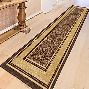 Ottomanson Ottohome Non-Slip Rubberback Bordered Design 2x7 Indoor Runner Rug, 1'10" x 7', Brown