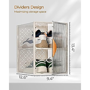 DINMO 6 Packs Shoe Box with Dividers, 12 Pairs, Clear Shoe Storage Organizer, Space Saving for Closet, Visualization, Foldable, White Transparent
