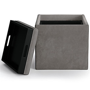 SIMPLIHOME Rockwood 18 inch Wide Contemporary Square Cube Storage Ottoman with Tray in Distressed Slate Grey Vegan Faux Leather, Assembled, for the Living Room, Entryway and Family Room