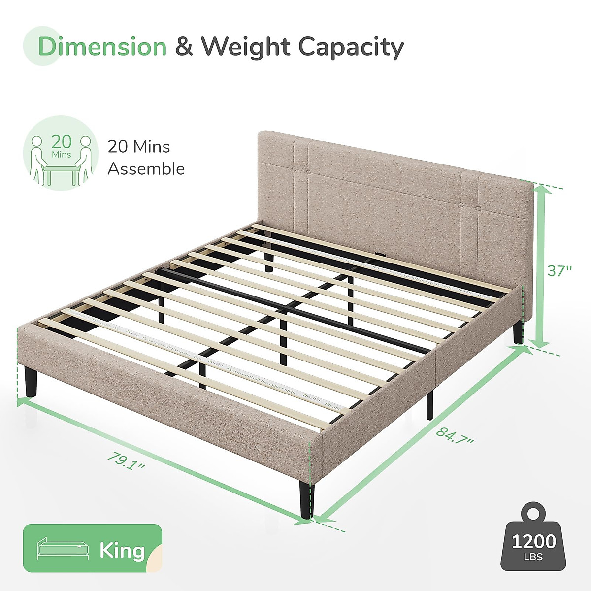 Novilla King Platform Bed Frame for Guests, Platform King Bed Frame with Headboard and Wood Slat Support, King Bed Frame No Box Spring Needed, Easy Assembly, Beige