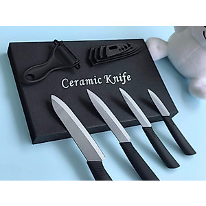 Ceramic Knife Set with Sheaths Black Set 5 Piece Kitchen Ceramic Knife 6" Chef Knife, 5" Utility Knife, 4" Fruit Knife, 3" Paring Knife, One Peeler