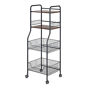 POCHY Multipurpose Kitchen Storage Wagon Rolling Grocery Cart with Metal Mesh Drawers，Wooden Countertop Pulley Storage Trolley Home Office Shelves Black