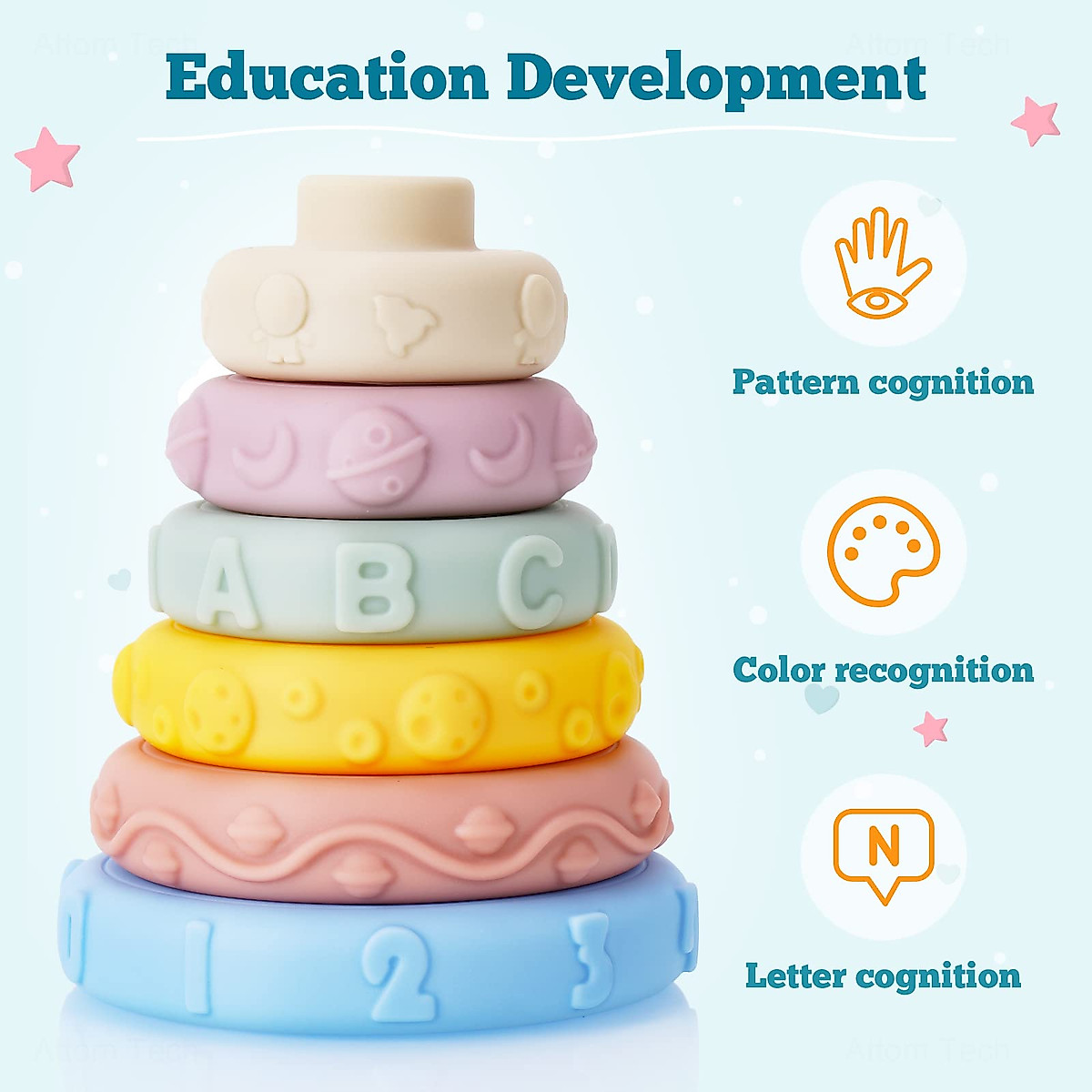 NiToy 6PCS Stacking & Nesting Building Ring Teether Stacker Toy for Boys and Girls, Educational Rainbow Tower Wheels Soft Silicone Circle Squeeze Toy with Letter Number Graphic Engaging Early Learning