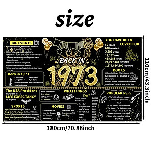 ArtAubrey Black Gold 51th Birthday Party Banner, 51th Birthday Decorations for Women Men, Back in 1973 Backdrop Party Supplies, 51 Year Old Photography Background