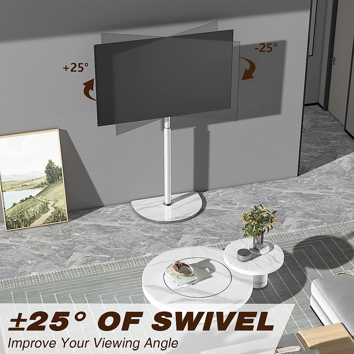 Universal Corner TV Floor Stand with Swivel Mount for 32-65 inch LED LCD Plasma Flat Panel or Curved Screen TVs, Mid Century Modern TV Stand with Height Adjustable and Semi Circular Glass Base, White