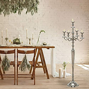 WHW Whole House Worlds Romantic Hamptons Oversized 5 (Five) Candle Silver Candelabra, Hand Crafted of Silver Aluminum Nickel, Over 3 FT High, (41.25 Inches) Free Standing Floor Unit