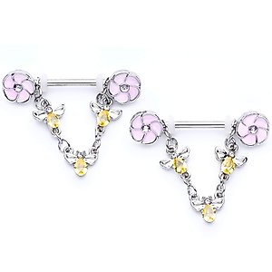 Body Candy 14G Womens Nipplerings Piercing Steel 2Pc Yellow Accent Flower Bee Dangle Nipple Ring Set 5/8"