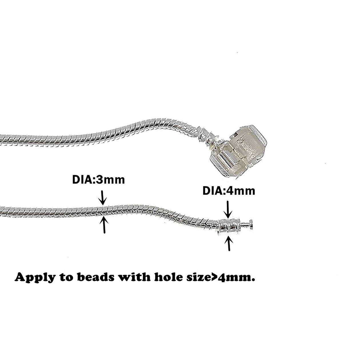 Kinteshun Snake Bracelet Chain,Silver Plating European Bead Charm Wristlet Bracelet Chain with Snap Barrel Clasp(2pcs,3mm&6.7 inches)