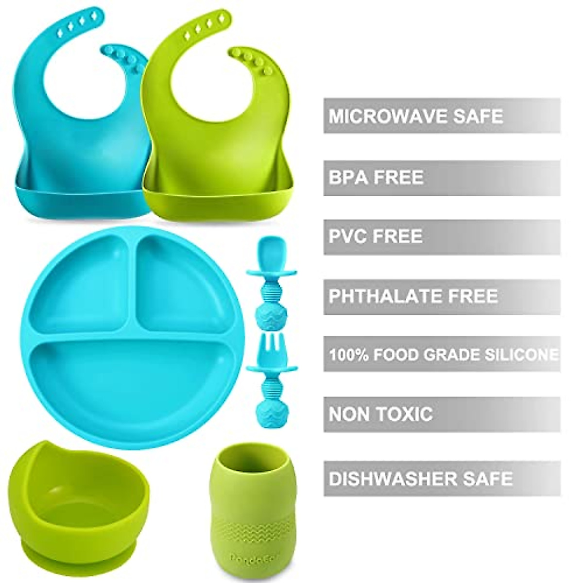 PandaEar Baby Toddlers Infants Feeding Set |Adjustable Silicone Bibs | Divided Silicone Baby Plate| Tiny Training Cup| Suction Bowls| Soft Spoon Forks| Self Feeding Baby Utensils