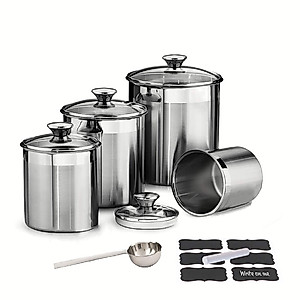 Set of 4 AIRTIGHT STAINLESS STEEL CANISTER SET for Kitchen Counter with GLASS LIDS + MARKER, LABELS, & SCOOP, Kitchen Canisters Ideal for Coffee, Flour, Sugar, Candy, Spices, Food Storage Cookie Jar