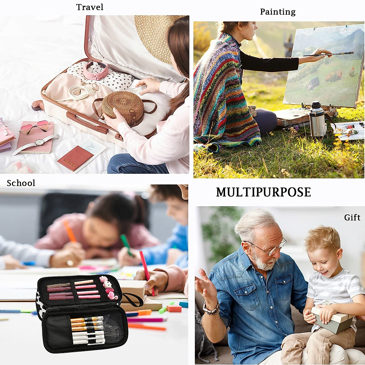 Fustylead Black White Milk Cow Skin Print Large Pencil Pen Case Stationery Bag, 3 Compartments School College Office Desk Organizer Storage Pouch Marker for Teen Boys Girls Students