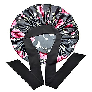 Extra Large Sleep Cap Satin Bonnet for Sleeping Long Hair Bonnet for Women Large Night Cap for Curly Hair XL Silk Bonnets (Black + Rose)