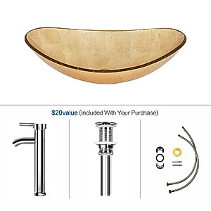 YOURLITE Bathroom Sink,Boat Shape Bathroom Glass Vessel Sink with Faucet and Pop-Up Drain Bowl Vessel Sinks for Bathrooms, Gold
