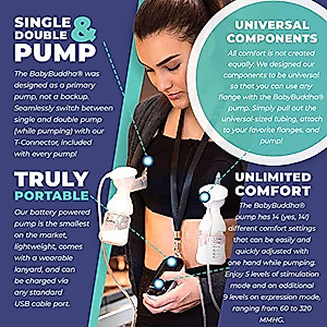 BabyBuddha Breast Pump - Portable & Compact with 15 Levels of Control - Battery Powered Electric & Hands Free - Quiet Single & Double Pump - Mobility While Comfortably Pumping - Universal Components