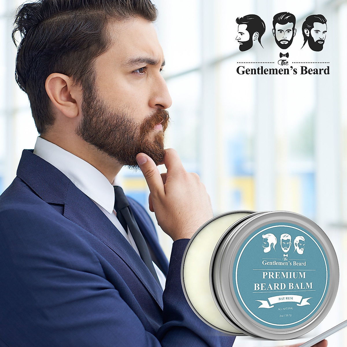 The Gentlemen's Beard Premium Bay Rum Beard Balm - Leave-in Conditioner & Softener - All Natural - Styles, Strengthens, Thickens & Softens Promoting Healthier Beard & Mustache Growth