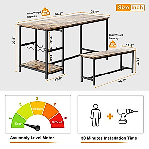 Dining Table Set for 4, 3 Piece Kitchen Table and Chairs Set with 2 Benches, Small Kitchen Table Set with Wine Rack and Glass Holder, Rustic Metal Frame for Breakfast Nook Apartment (Distressed Brown)