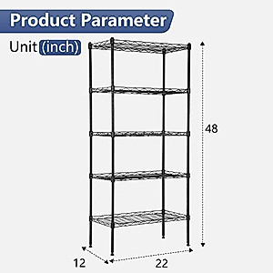 FDW 5 Tier 22L x 12W x 48H Pantry Shelves Adjustable Storage Rack Metal Shelf NSF Shelving Units for Kitchen Garage Small Places Commercial,Black