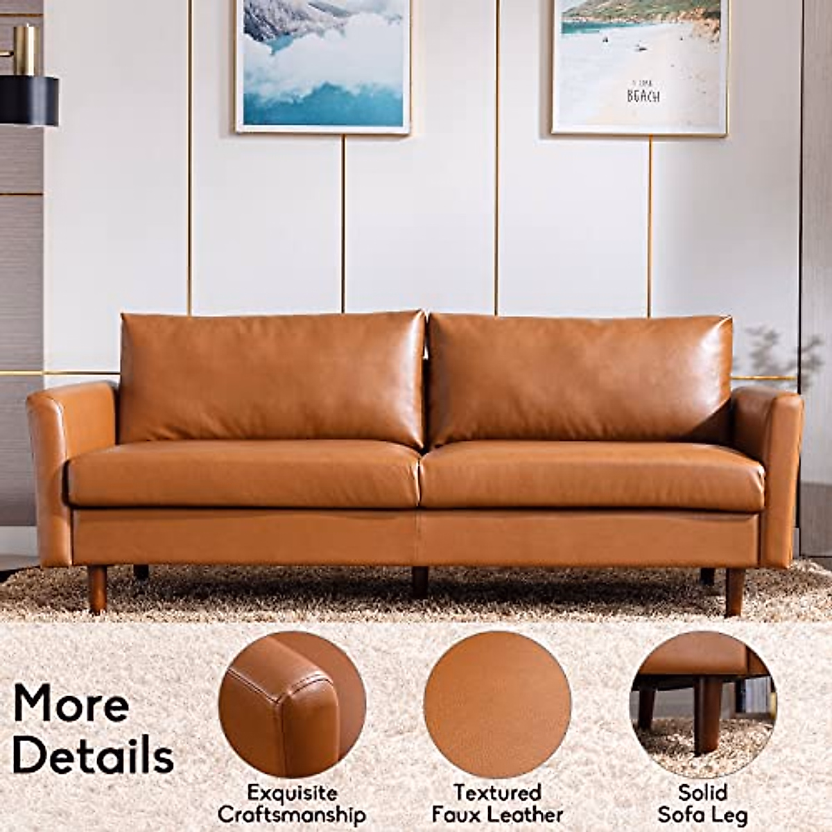 Dreamsir 80'' Faux Leather Sofa Couch, Mid-Century Modern Sofa with Solid Wooden Frame & Padded Cushions, 3-Seater Couch for Living Room, Apartment, Lounge Room (Brown)