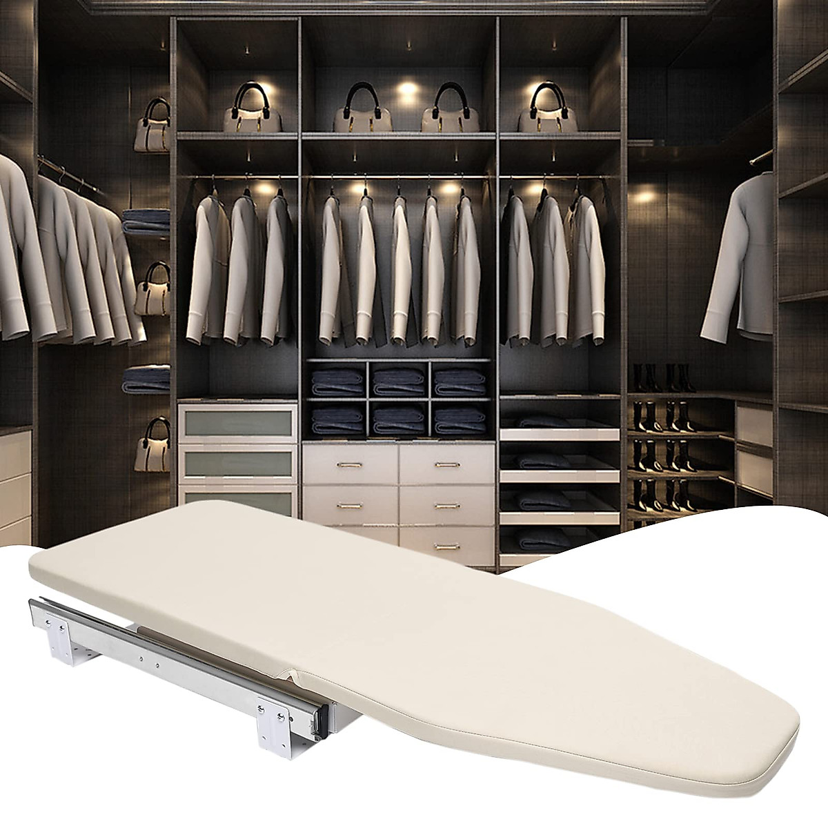31.9" X 12.2" Closet Pull-Out Ironing Board, Buit-in Iron Board Mini Ironing Board Stow Away in The Cabinet | 180° Rotation for Small Spaces | with Cotton Ironing Board Cover | Beige