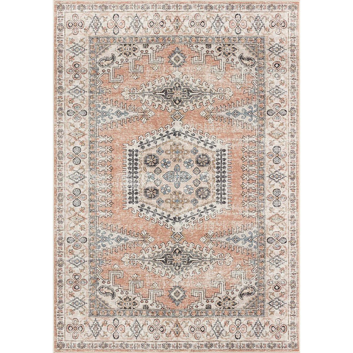 Valenrug Washable Area Rug 6x9 - Ultra-Thin Antique Collection, Stain Resistant Rugs for Living Room Bedroom, Distressed Vintage Rug(Peach/Yellowish, 6'x9')