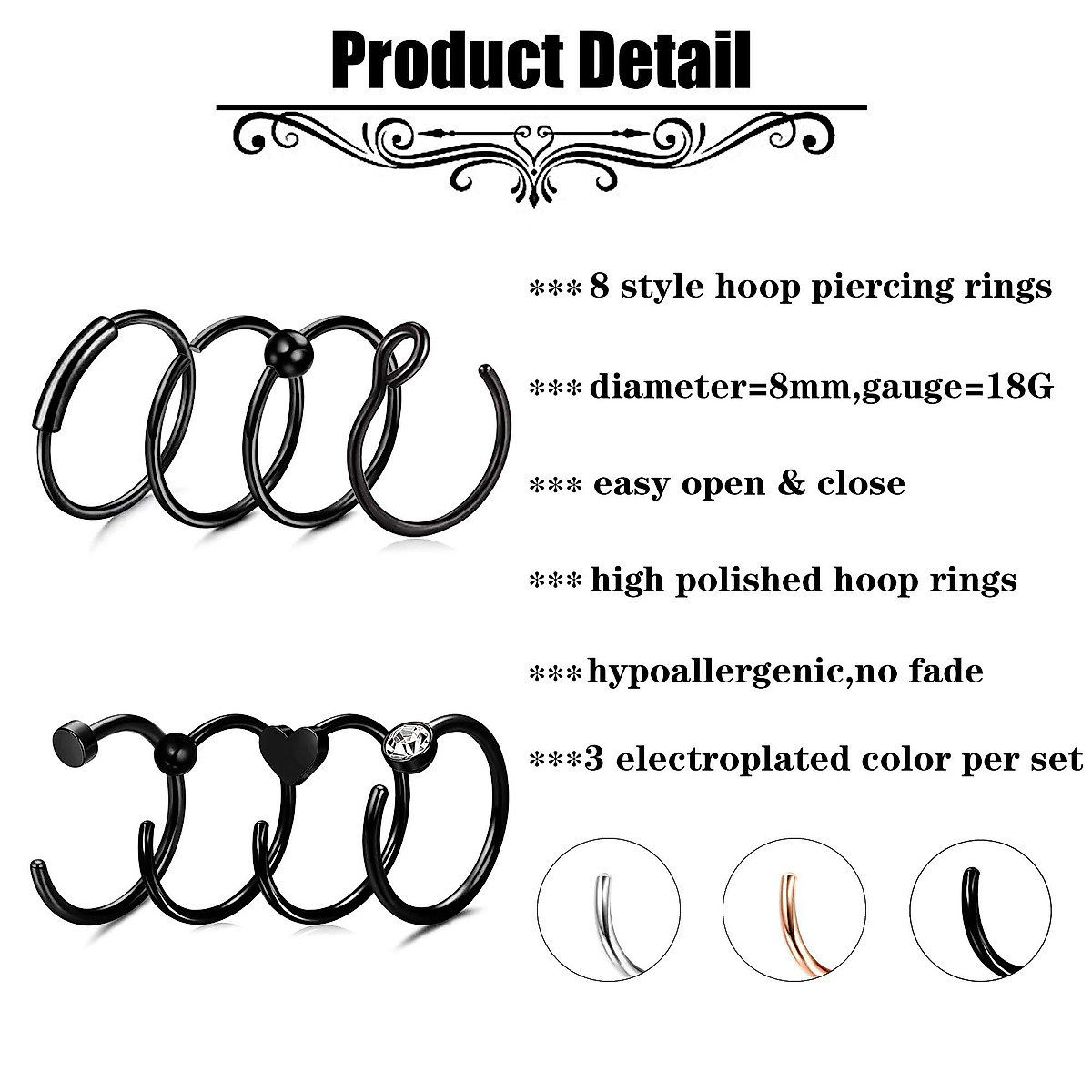 LOYALLOOK 18G 316L Stainless Steel C-Shaped Nose Rings Hoop for Women Men L-Shaped Nose Studs Screw CZ Nose Piercing Jewelry Set 45Pcs