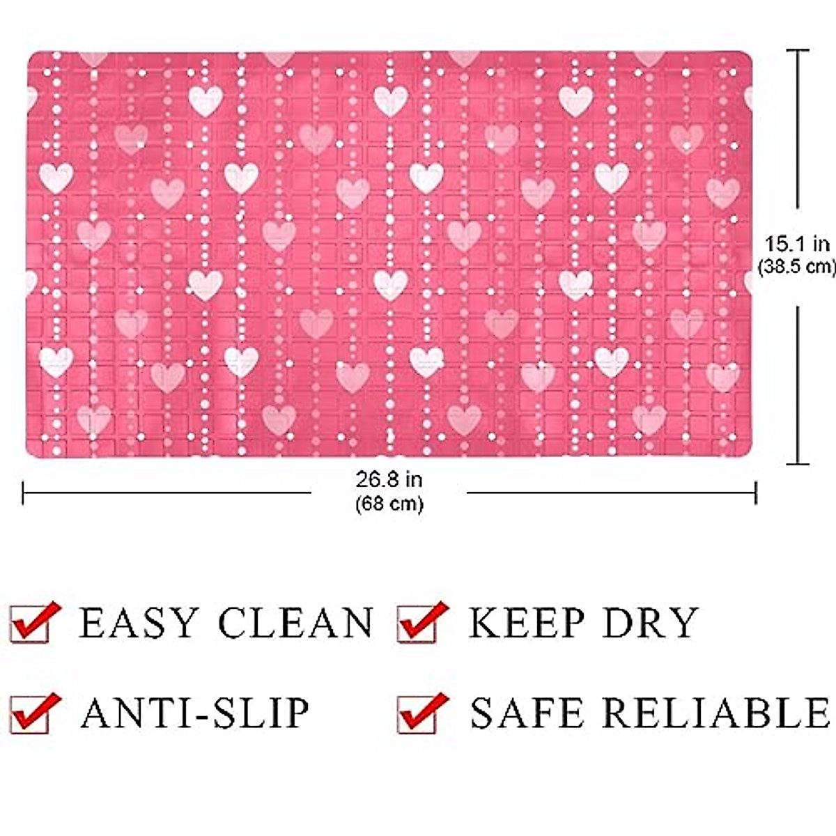 Bath Tub Shower Mat - Anti-Slip PVC Material 15.1x26.8 in, Gentle Cushioning Quick Drying Suction Cups Reliable Solution - Heart Stripe - Pink Non-Slip Floor Mat