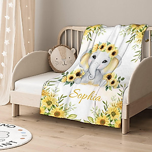 FUNDESIGN Sunflower Elephant Baby Personalized Flannel Blanket, Custom Name, Soft Cozy Plush Fleece Throw Bed Quilt, 30'x40' for Babies