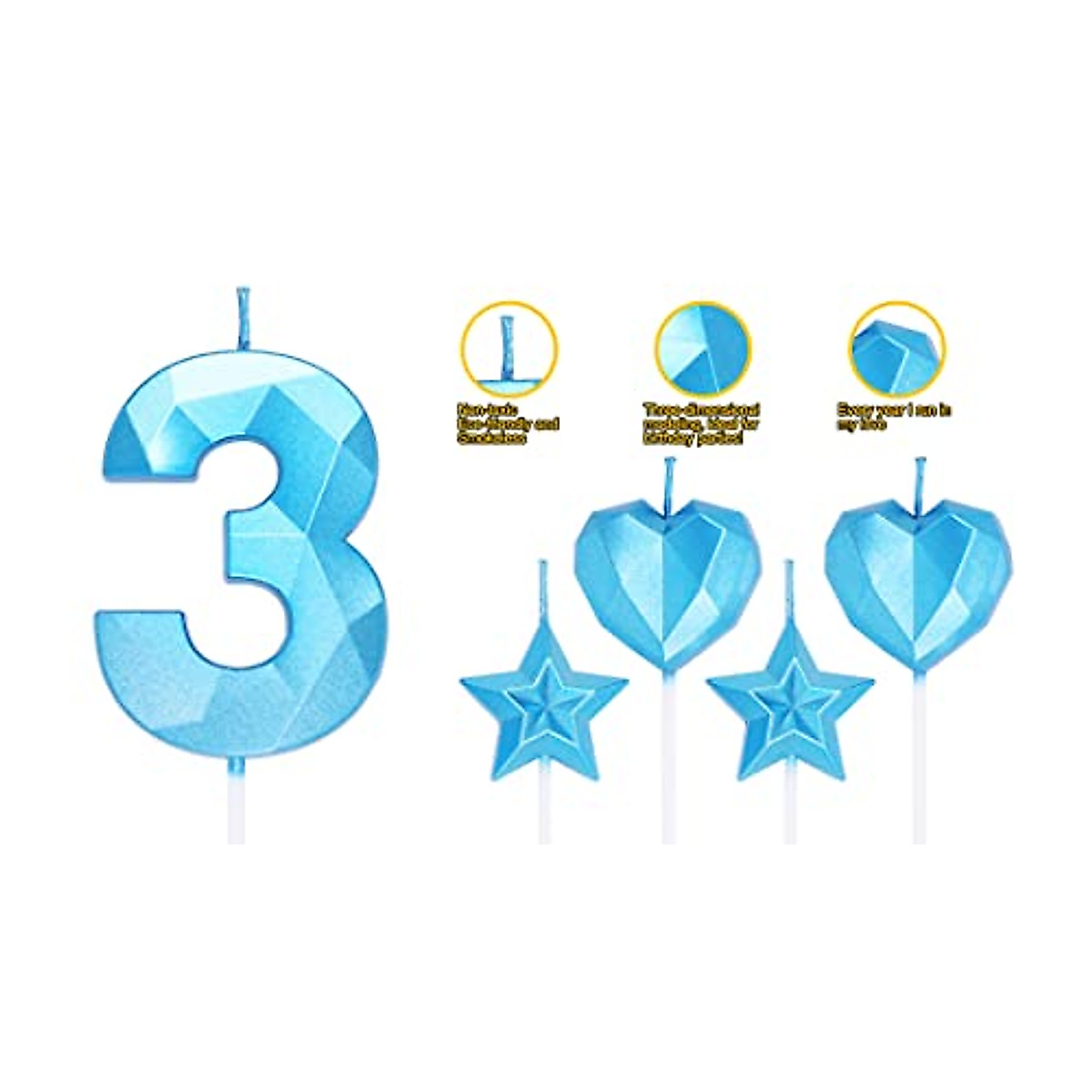 Blue Number 3 Candles and Star Heart Candles 2.76 inch Number Candles for Birthday Cakes 3D Diamond Shaped for Cake Decorations(Blue Candle 3)