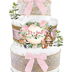 Woodland Creatures Diaper Cake - Girl Baby Gift - Burlap Pink and Sage Green