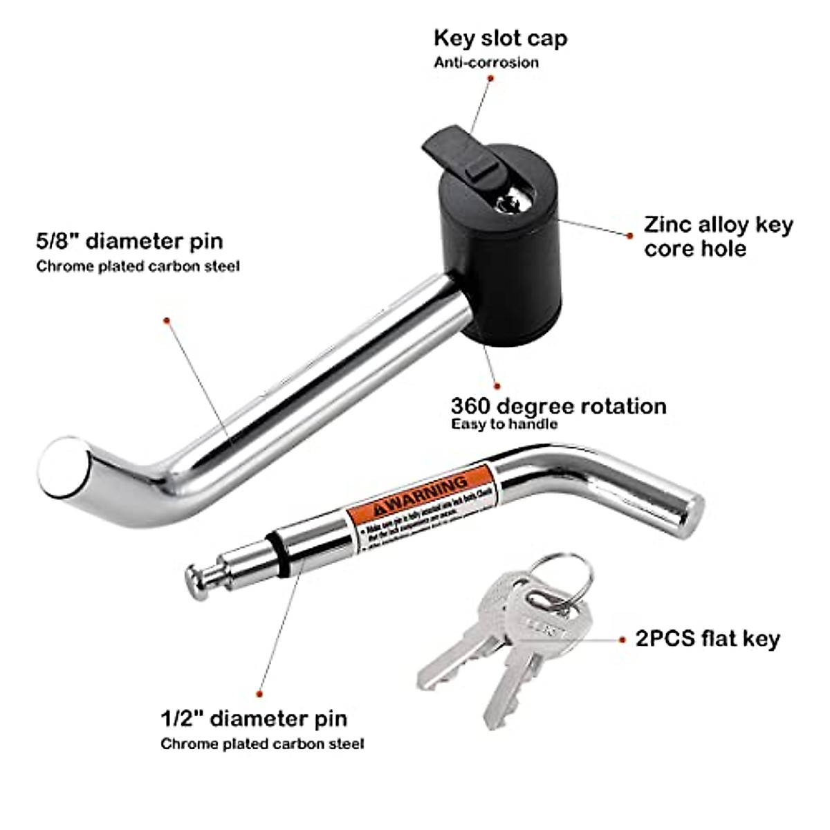 CZC AUTO Hitch Receiver Pin Lock, Right Angle 1/2" and 5/8" Dual Pins for Class I II III IV 1-1/4" 2" and 2-1/2" Receiver, Compatible with Bike Rack Tray Ball Tow Rope for Trailer Truck Car Boat