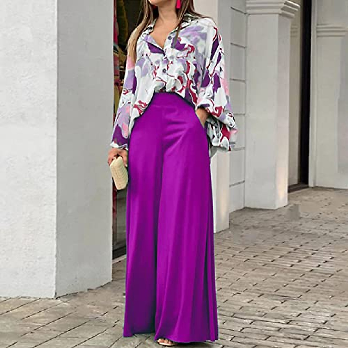 MRSYVES Women Two Piece Set Loose Printing Printed Lapel Shirt Wide Leg Pants With Pocket Casual Office Travel Vacation At Home Wear Purple-XL