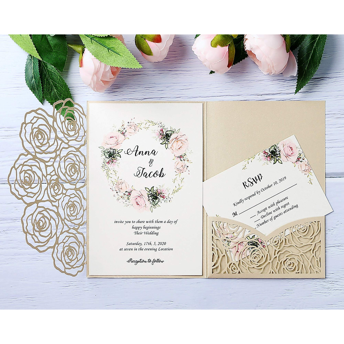 Rodvanvo 20 Pcs Laser Cut Wedding Invitations Card Pocket with Envelope for Birthday Party Baby or Bride Shower Invite suitable for 5 * 7 Inches Insert Paper (Champagne)