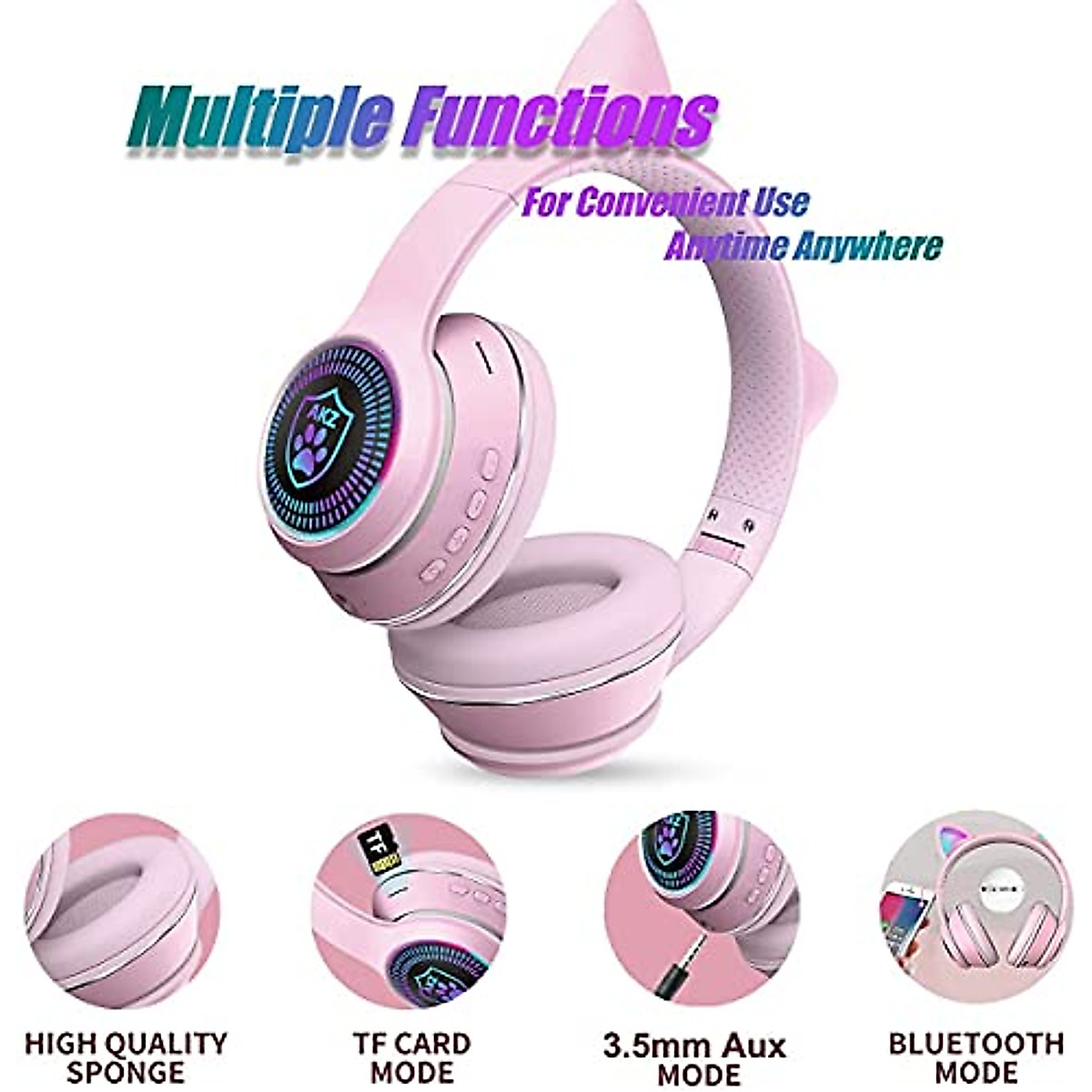 Zuri Sana Cat Ear Gaming Bluetooth 5.2 Wireless Foldable Headphones with LED Light, Over Ear Stereo Sound Music Headsets with Microphone AUX for PC TV Pad Cellphone Laptop Game Kids Adults Gift