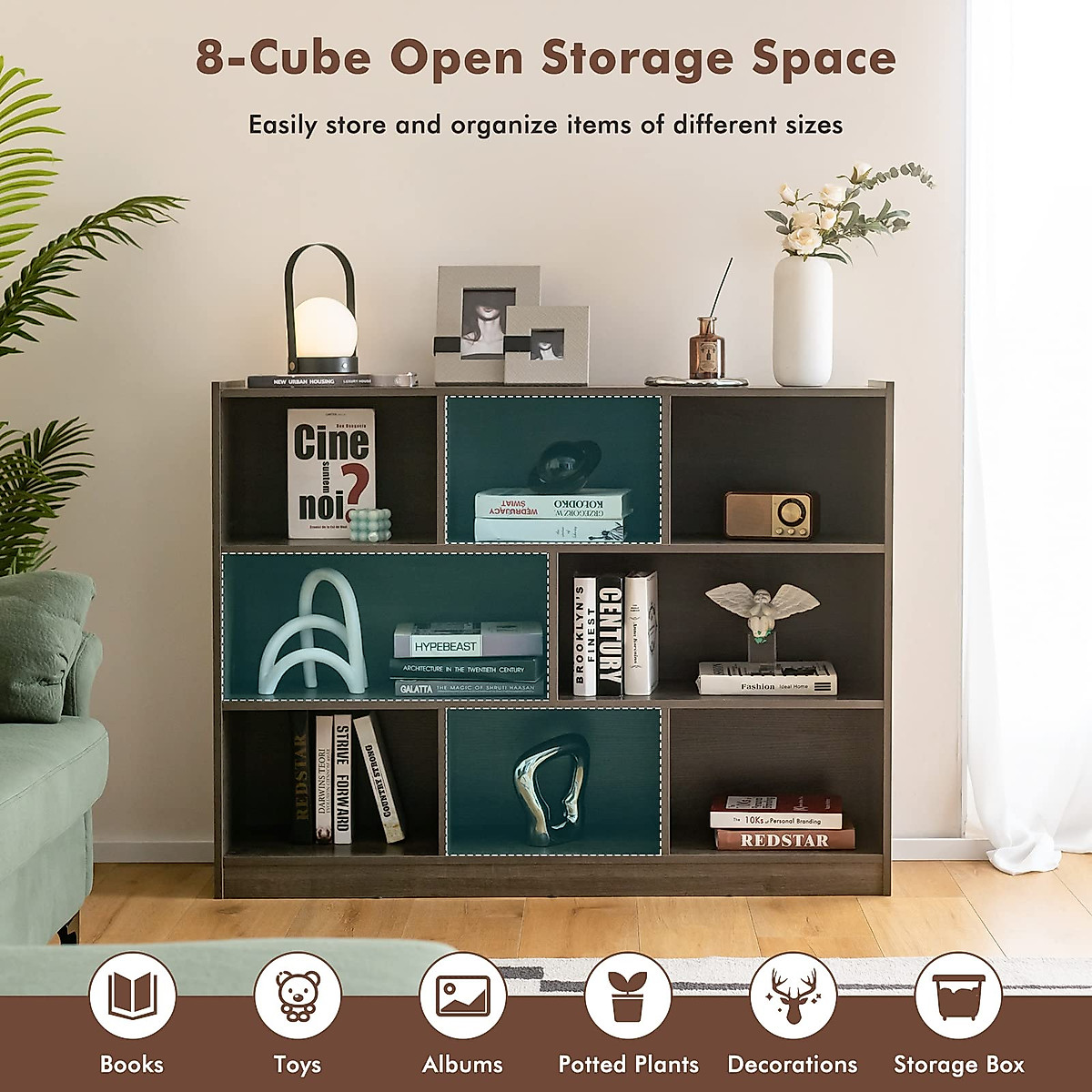 LOKO 3-Tier Open Shelf Bookcase, Floor Standing White Wood Bookshelf for Bedroom, Living Room & Kids Room, 8 Cube Bookcase, 48 x 12.5 x 36.5 (Grey)