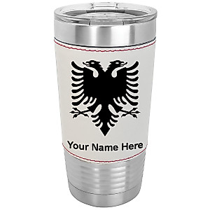 LaserGram 20oz Vacuum Insulated Tumbler Mug, Flag of Albania, Personalized Engraving Included (Faux Leather, Baseball Style)