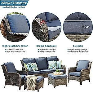 Patio Furniture 5 Pieces Outdoor Furniture Set All Weather Wicker Outside Sectional Sofa with 2 Chairs and Ottomans for Garden Deck Backyard,Grey Wicker Denim Blue