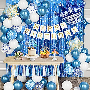 Bule Birthday Party Decorations Set with Birthday Banner, Bule Confetti Balloons, Bule Foil Birthday Background, Tassel Garland, Cake Toppers for Girls Men Kids Baby Birthday Party Supplies Decor