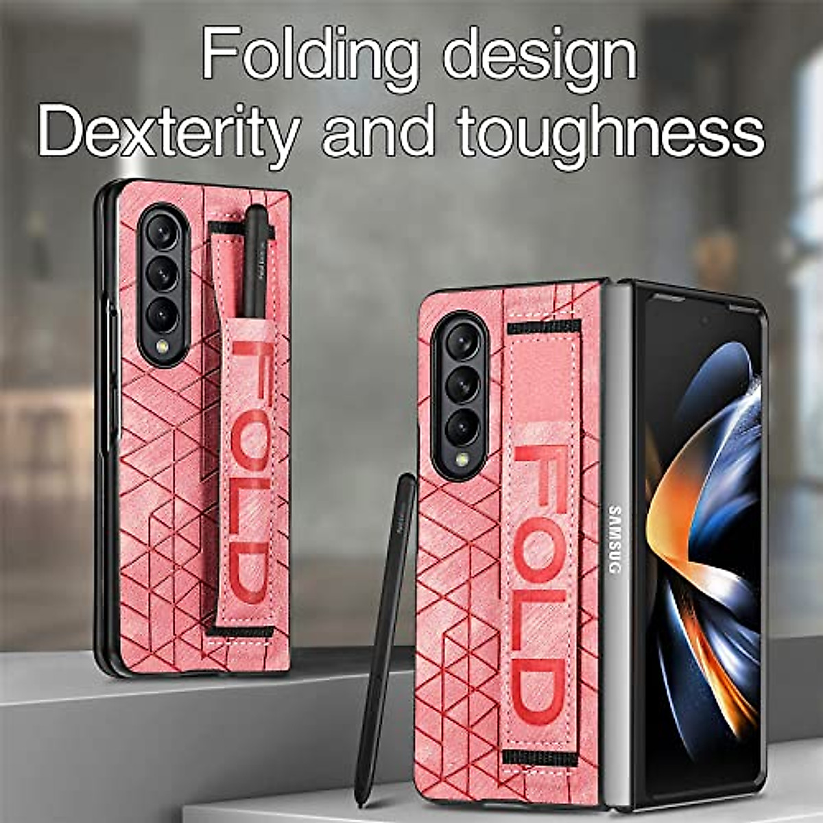 Omio Designed for Samsung Galaxy Z Fold 3 Leather Case with S Pen Holder & Strap, Wrist Strap Leather Back Cover Case Hard PC Shockproof Finger Grip Case for Galaxy Z Fold 3 Men Women Girls, Pink