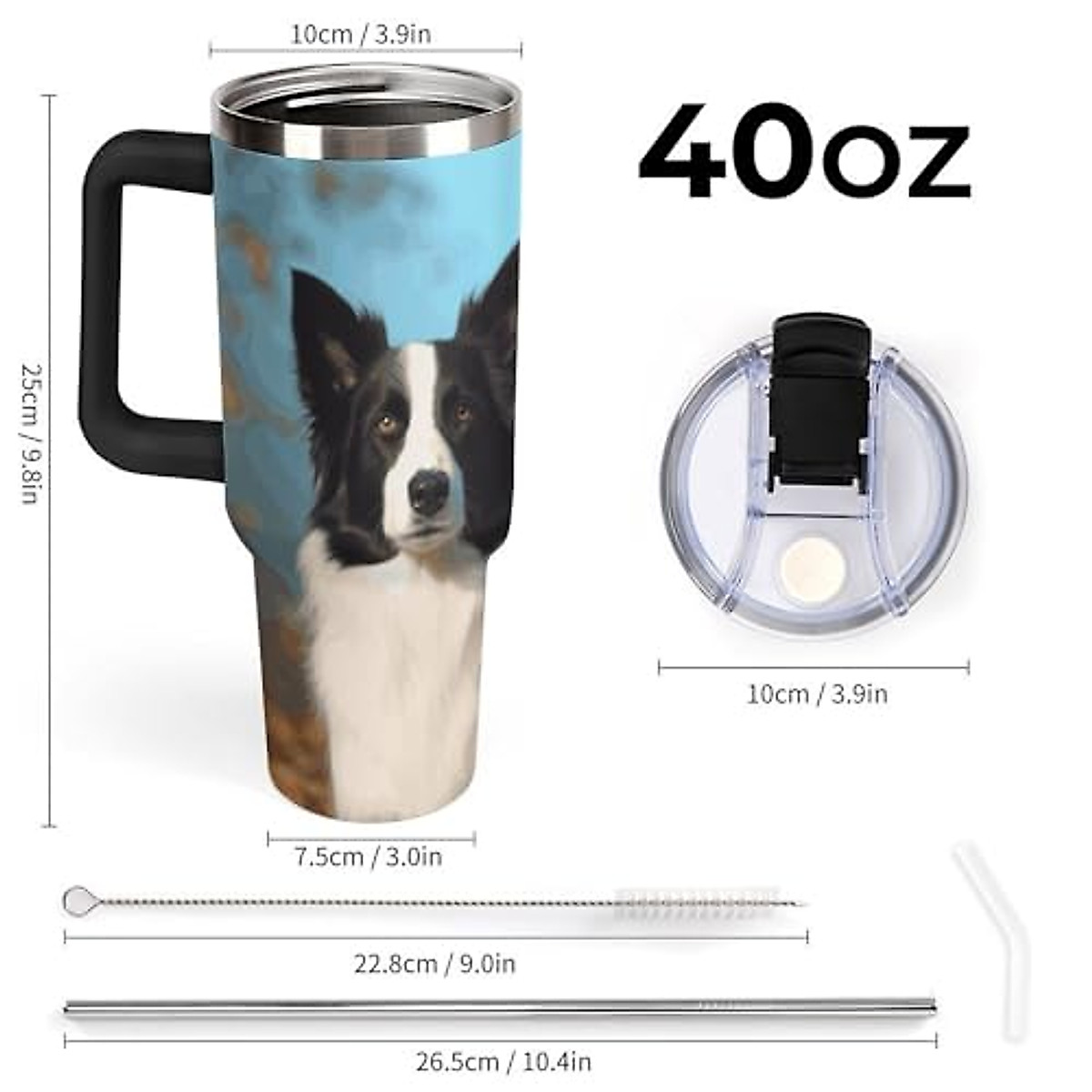 LLUTSNTH 40 Oz Vacuum Tumbler with Black Handle Leakproof Insulated Tumbler Border Collie Stainless Steel Travel Mug with Lid And Straw Coffee Cup Cute Water Bottles Cup Holder Friendly