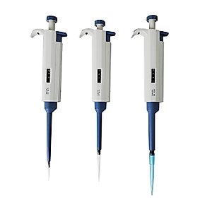 Set of 3 Variable Volume Single Channel Pipettes, Adjustable Pipettors, 0.5-10 µl, 10-100 µl, 100-1000 µl with 3 boxes of sterile pipette tips