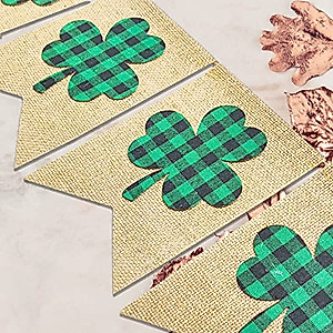 Doumeny St. Patrick's Day Plaid Burlap Banner Buffalo Check Shamrock Bunting Banner Lucky Clover Garland Banner with Bowknot Irish Green Party Banner for Mantel Fireplace Spring Holiday Wall Decor