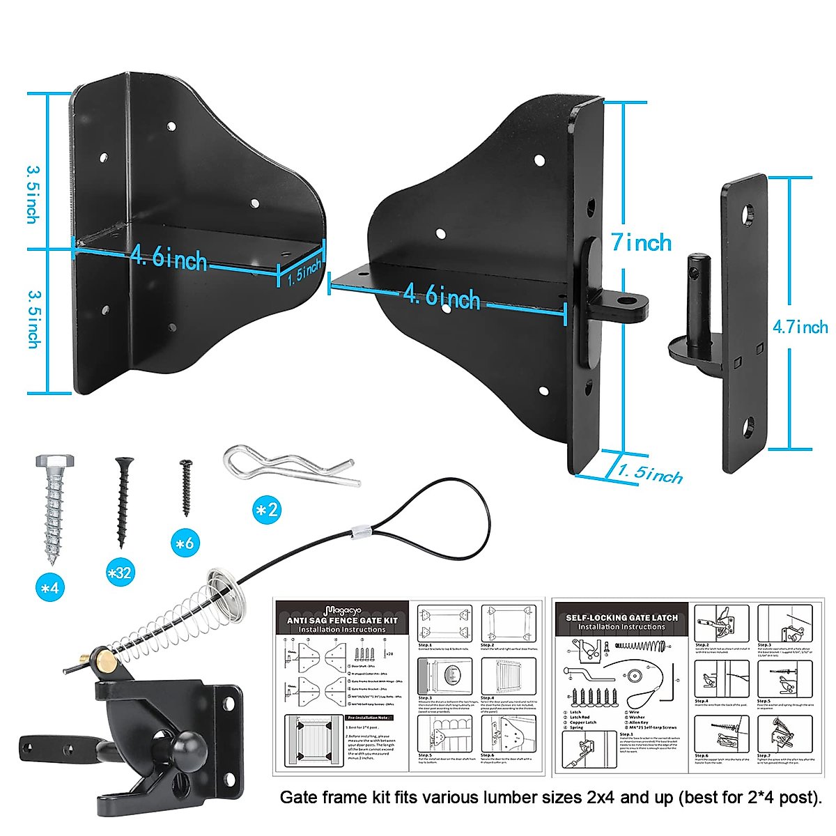 Magacyo Fence Gate Kit Gate Hardware with Gate Latch - Updated 90 Degree Right Angle Gate Hinges - Anti Sag Gate Kit - Gate Corner Brace Bracket (1 Set)