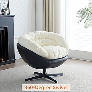 Swivel Barrel Accent Chair, Round Armchair with Wide Upholstered, 360 Degree Swivel PU Leather Club Sofa Chair for Living Room, Bedroom, Office (Cream White+Black)