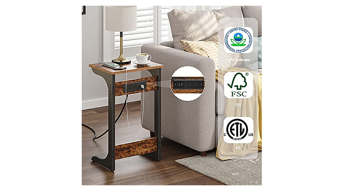 TUTOTAK C Shaped Side Table with USB Charging Station