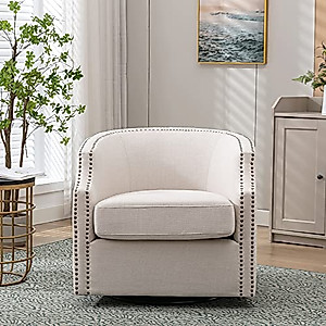 Swivel Glider Nursery Chair Rocker- Comfy Rocking Chair for Baby Nursery Mid Century Modern Accent Barrel Chairs for Living Room Curved Arm Chair with Nailhead Round Club Chair for Bedroom Beige