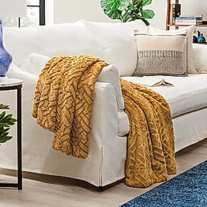 Chanasya Fuzzy Soft Cloud Textured Embossed Faux Fur Throw Blanket - Plush Sherpa Solid Cozy Gold Yellow Blanket for Bed Sofa Chair Couch Cover Living Bed Room (50x65 Inches) Golden Blanket