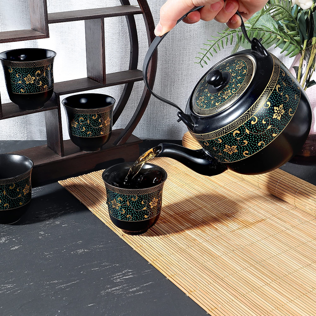fanquare Japanese Porcelain Tea Set, Handmade Kungfu Teapot with 6 Cups, Large Black TeaPot with Gold Flowers Pattern